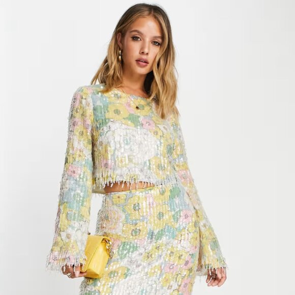 ASOS | Skirts | Rare Asos Edition Handmade Pastel Floral Print Sequin ...